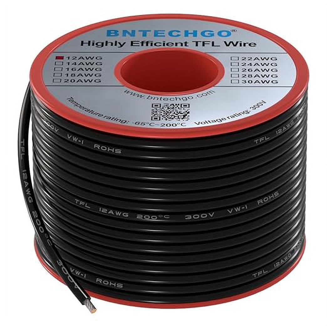 BNTECHGO 12AWG FEP Teflon Coated Tin-Plated Copper Wire in Black 25 ft has a Temperature Rating ...