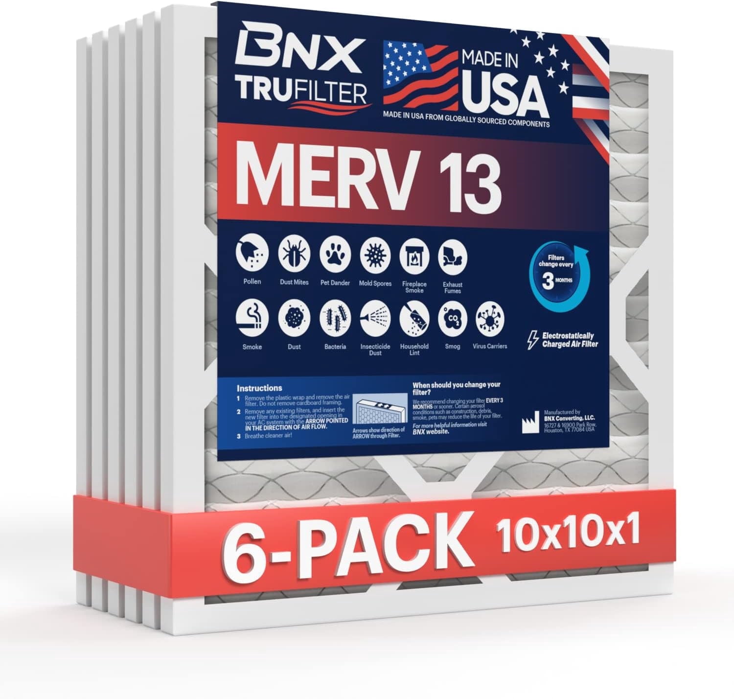 BNX TruFilter 10x10x1 Air Filter MERV 13 (6-Pack) - MADE IN USA ...