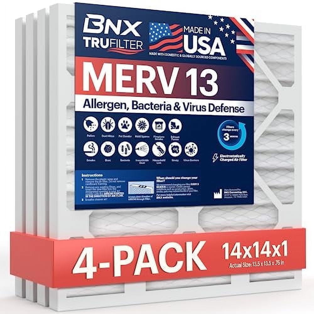 BNX TruFilter 14x14x1 Air Filter MERV 13 (4-Pack) - MADE IN USA ...
