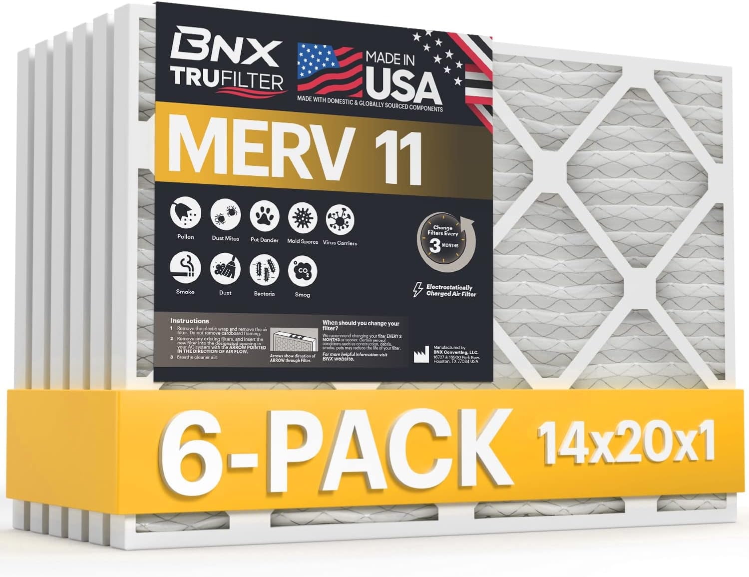 BNX TruFilter 14x20x1 Air Filter MERV 11 (6-Pack) - MADE IN USA - Allergen Defense Electrostatic ...