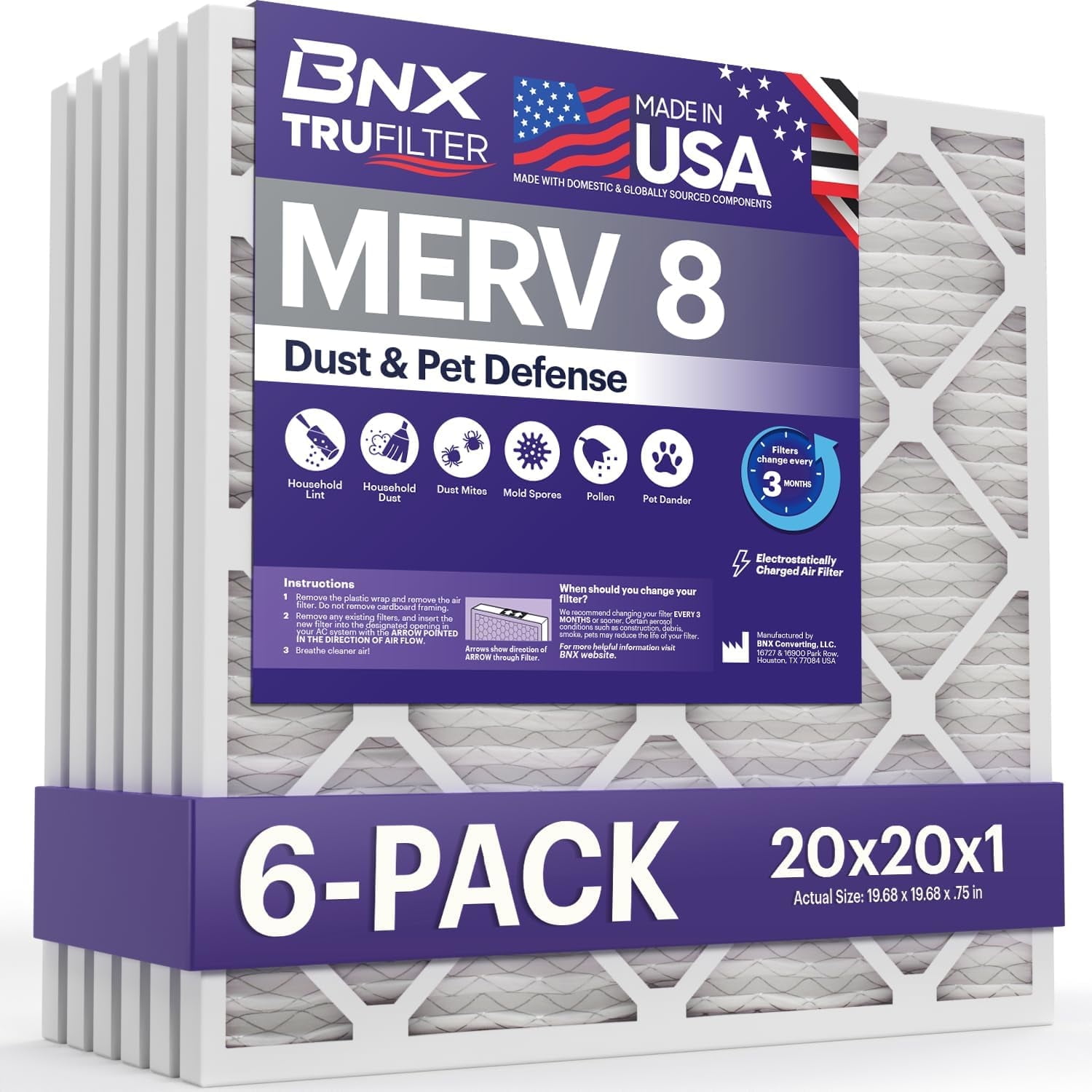 BNX TruFilter 20x20x1 Air Filter MERV 8 (6-Pack) - MADE IN USA – Dust ...