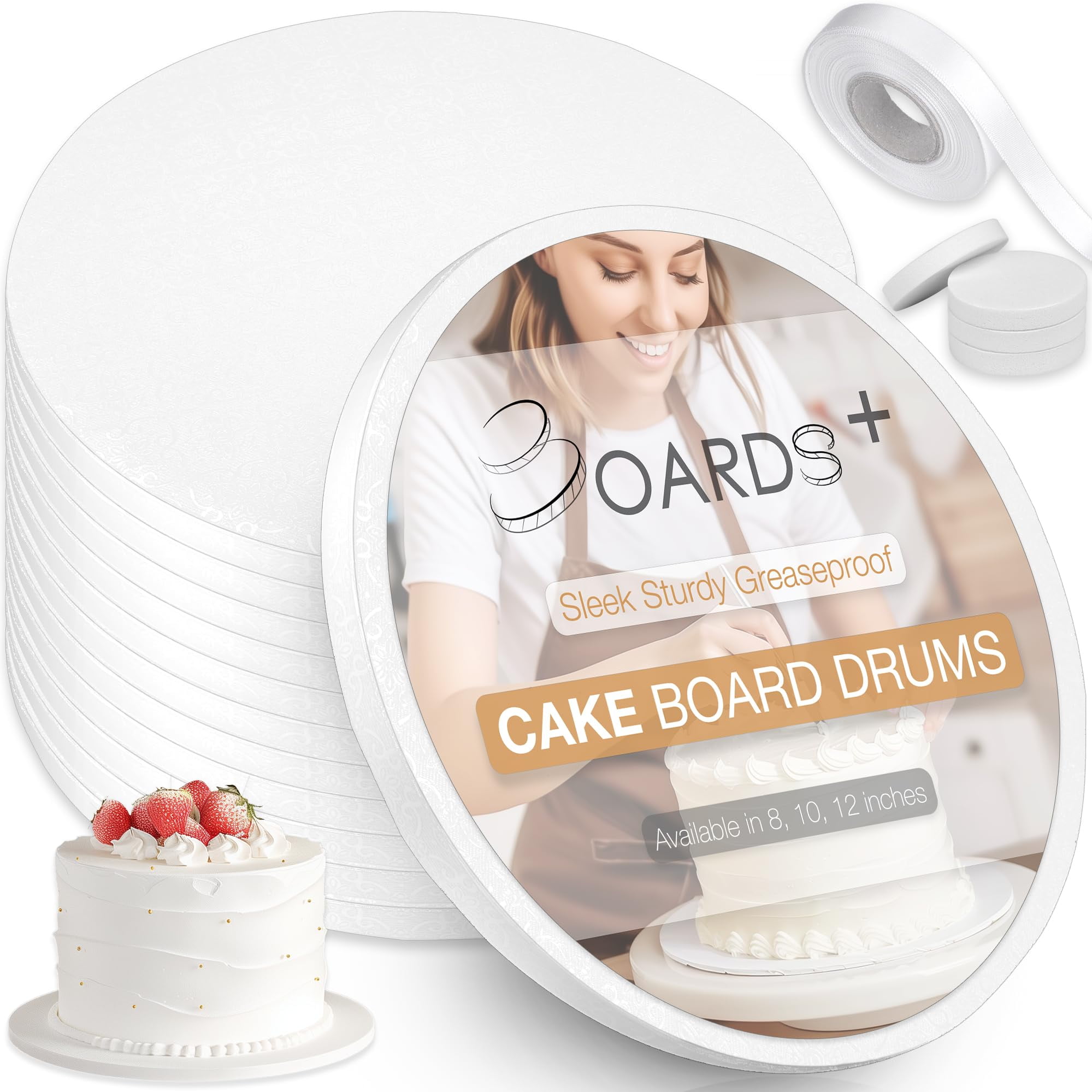 BOARDS+ Sleek Cake Board Drum 10 Inch (12 Pack) | 1/2" Thick Rounds ...
