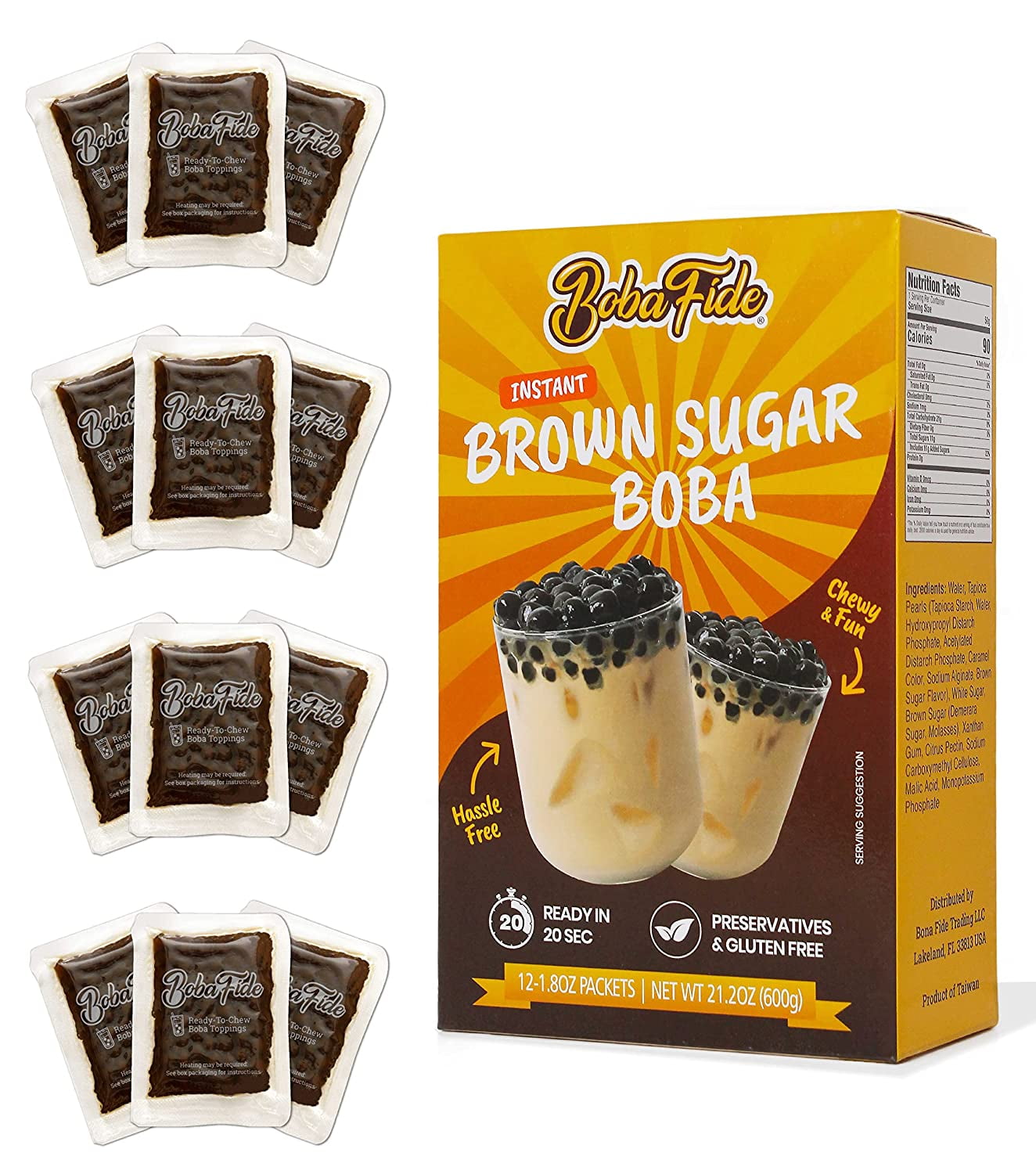 BOBA FIDE Instant Brown Sugar Boba Tapioca Pearls, 12 Packets of Microwavable Black Tapioca ...