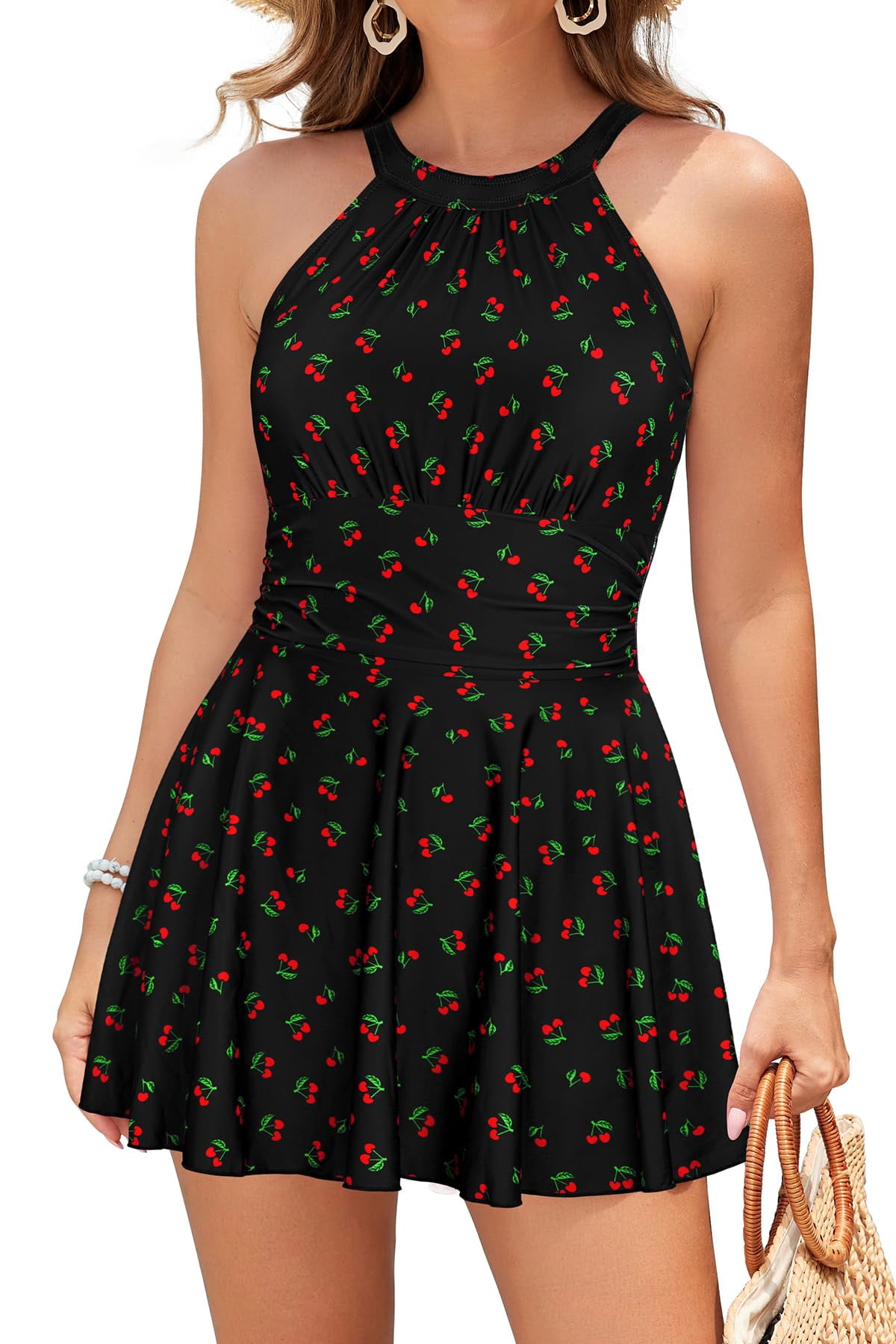 BOBO Gao Womens Elegant One Piece Swimdress High Neck Swim Dress Ruched ...