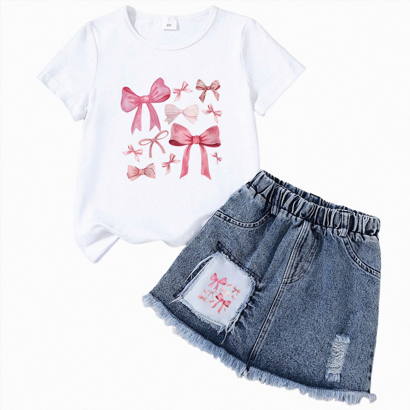 BOBOGOJP 6-12Y Girls Summer Clothes Short Sleeve Bow Print T-Shirt ...