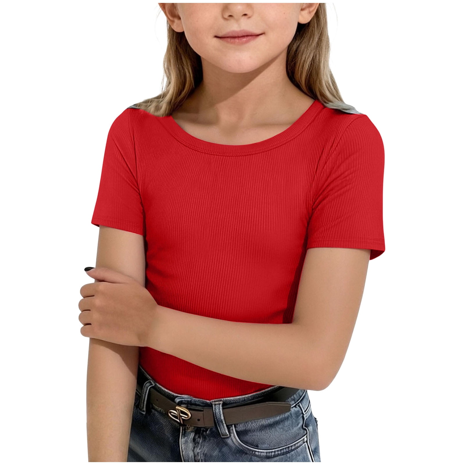 BOBOGOJP Girl's Short Sleeve Ribbed Knit Lettuce Trim Crewneck T Shirt ...