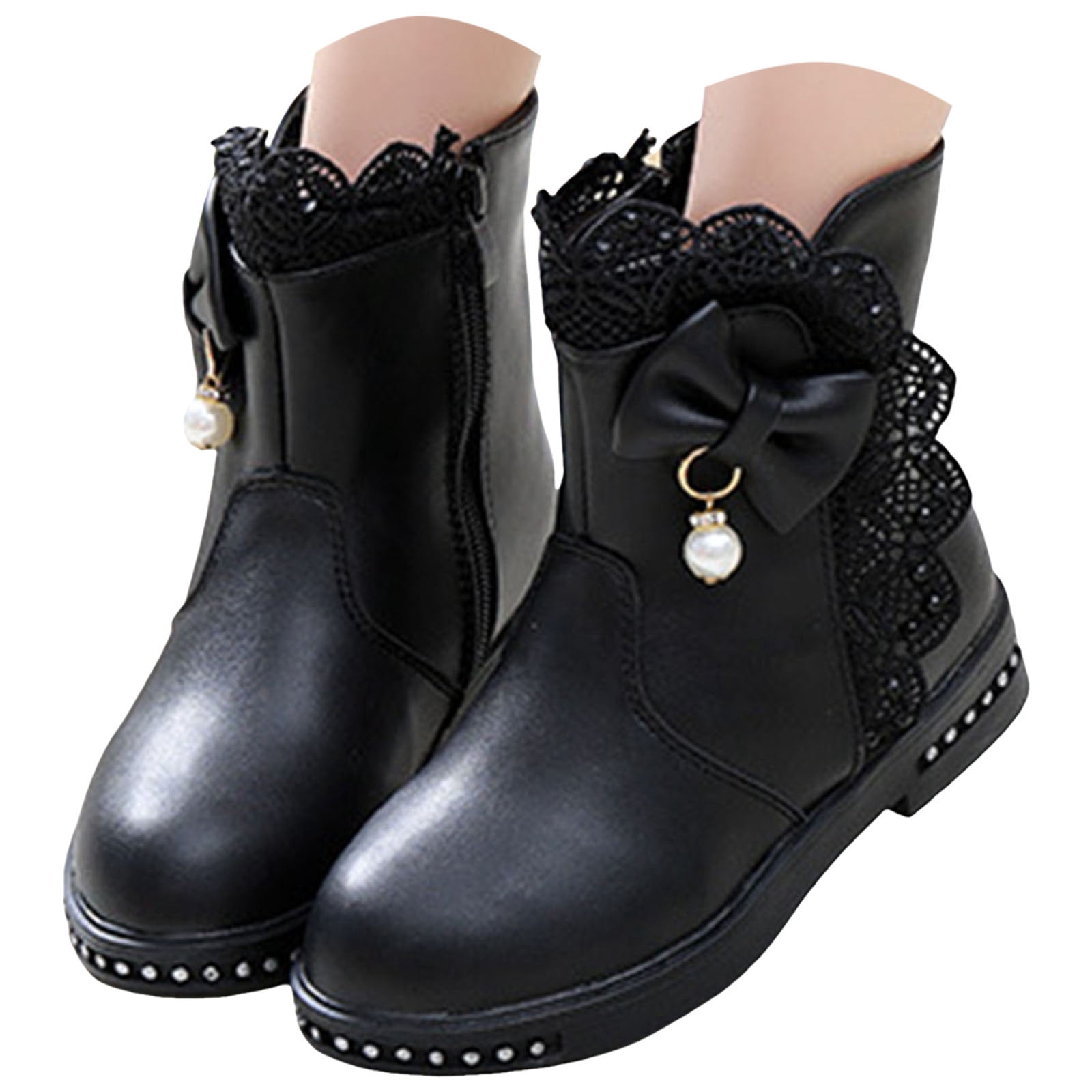 BOBOGOJP Girls Bow Ankle Boots Ruffled Chunky Heel with Classic Side ...