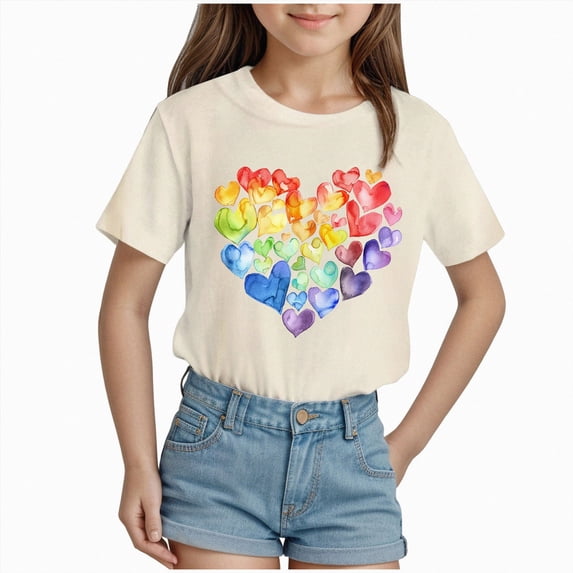 BOBOGOJP Girls Hearts Printing Shirts Short Sleeve Crewneck Cute T ...