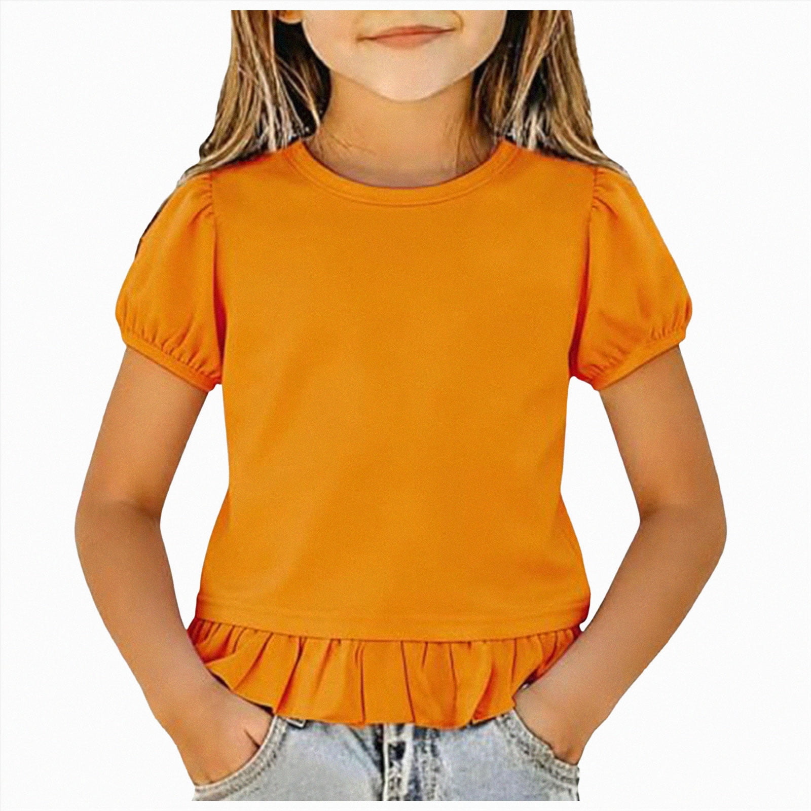 BOBOGOJP Girls' Solid Puff Sleeve T-Shirt Crew Neck Cotton Short Tee ...