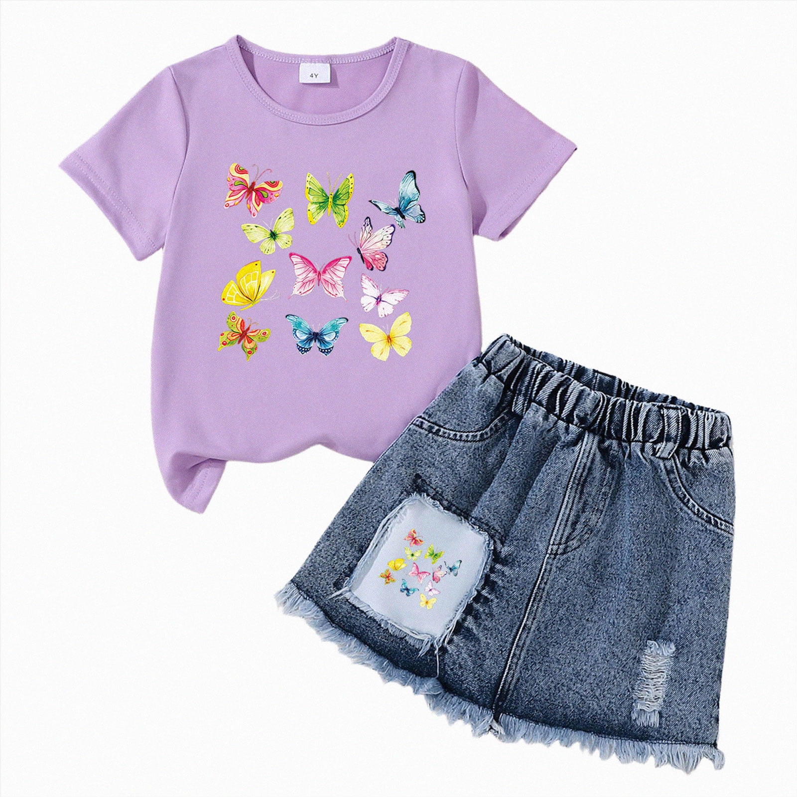 BOBOGOJP Girls Summer Clothes Butterfly Print Short Sleeve Tops Denim ...