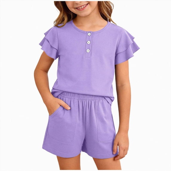 BOBOGOJP Girls Summer Outfits 2 Sets Ruffle Short Sleeve Button Down ...