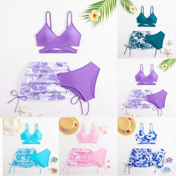 BOBOGOJP Girls Swimsuit 3 Piece Bikini Set Tropical Print Cross V Neck ...