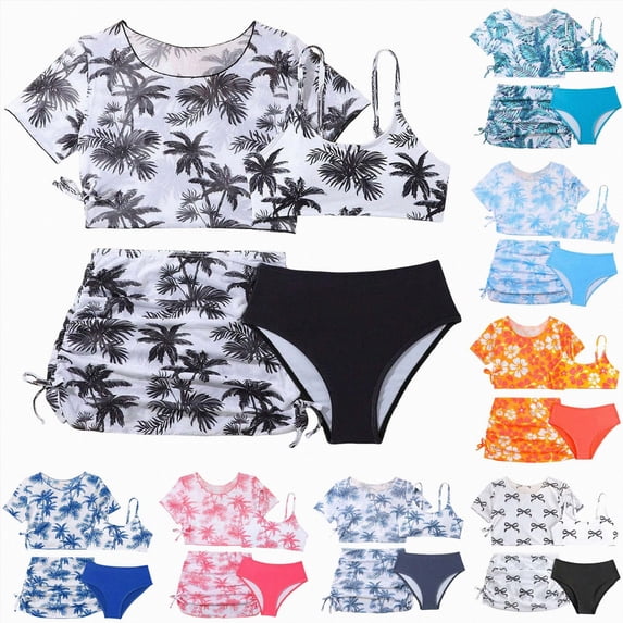 BOBOGOJP Girls Swimsuit 3 Piece Tropical Print Bikini Set Teens Bathing ...