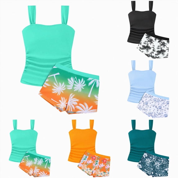 BOBOGOJP Girls Tankini Swimsuit Solid Ruched Side Square Neck Top with ...