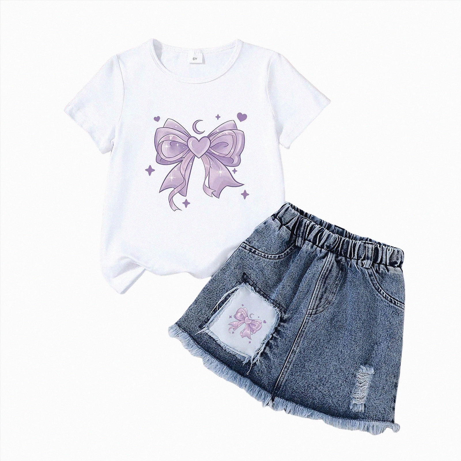 BOBOGOJP Kid Girls Clothes Outfits Bowknot T-Shirt + 2 In 1 Denim Short ...