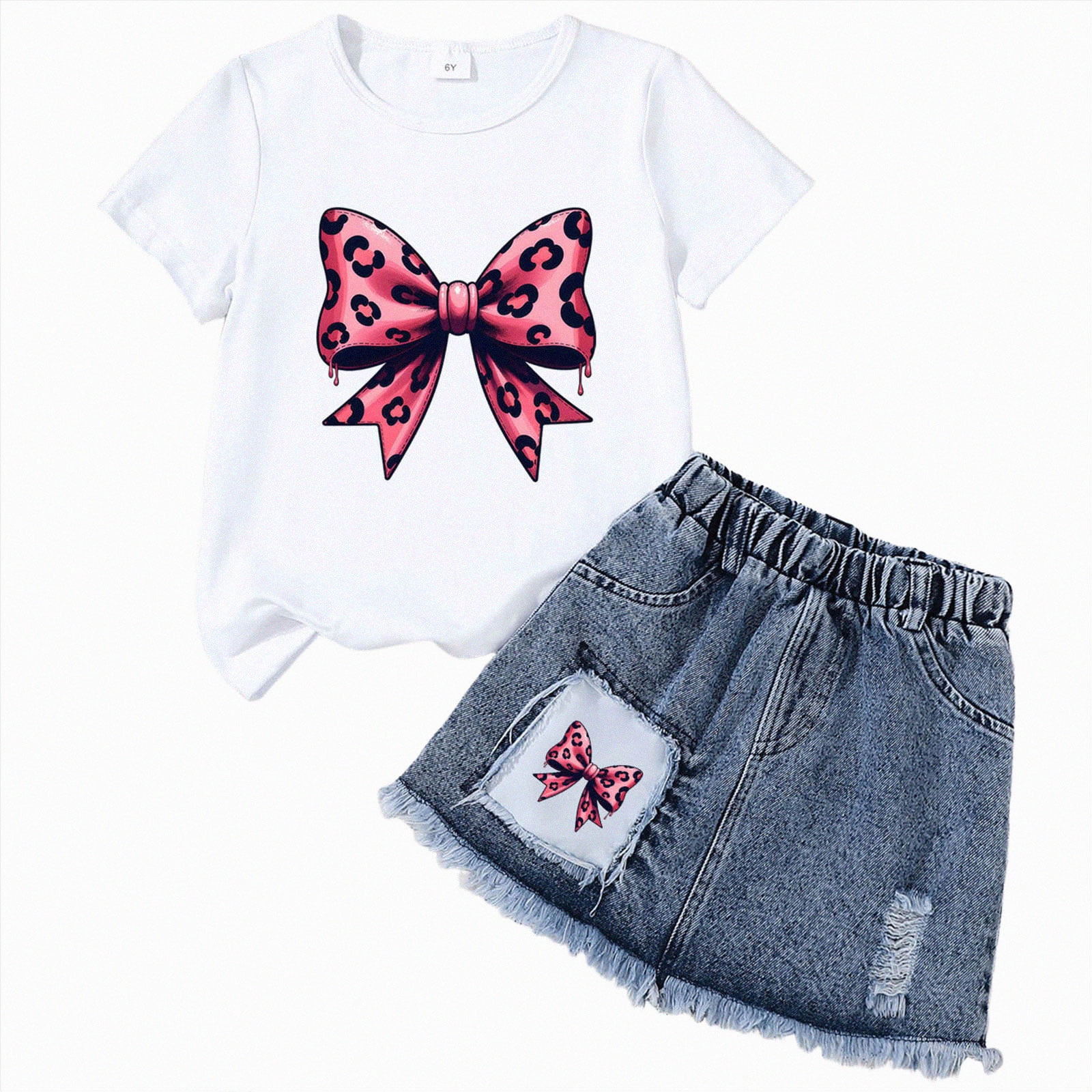 BOBOGOJP Kid Girls Clothes Outfits Bowknot T-Shirt + 2 In 1 Denim Short ...