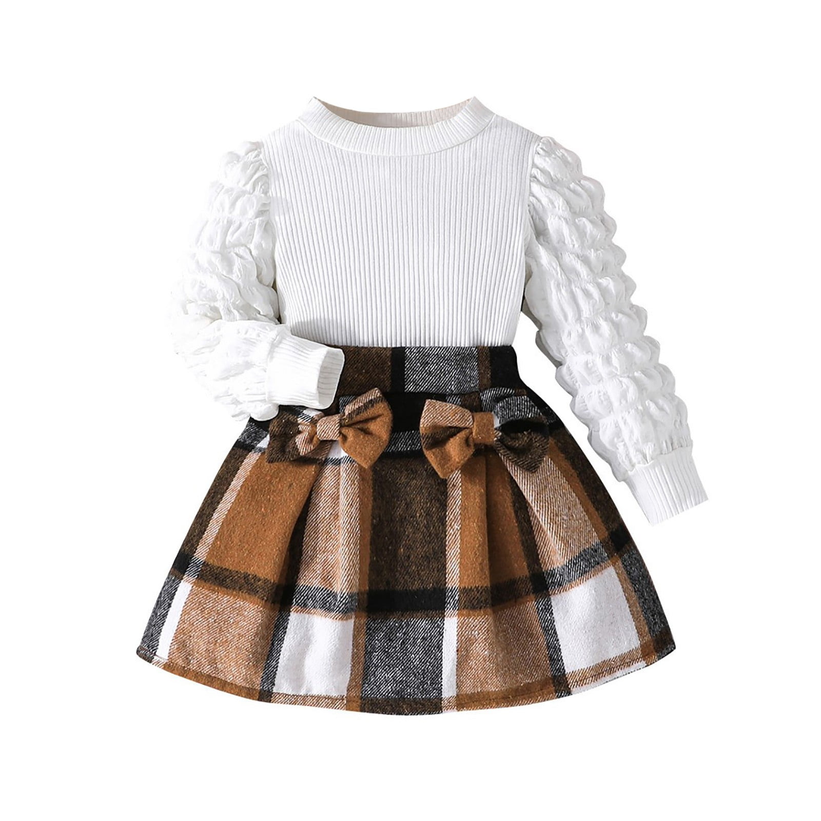 BOBOGOJP Toddler Girls Plaid Outfits Girls Puff Sleeve Knit Ribbed ...