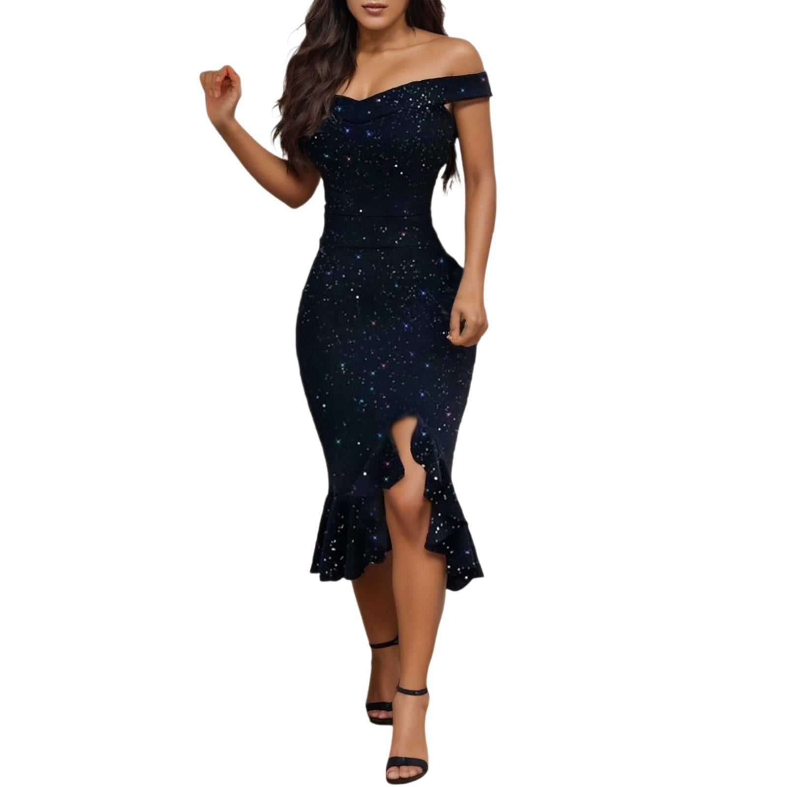 BOBOGOJP Women Dresses Fashion Solid Dress Off Shoulder Ruffle Slit ...