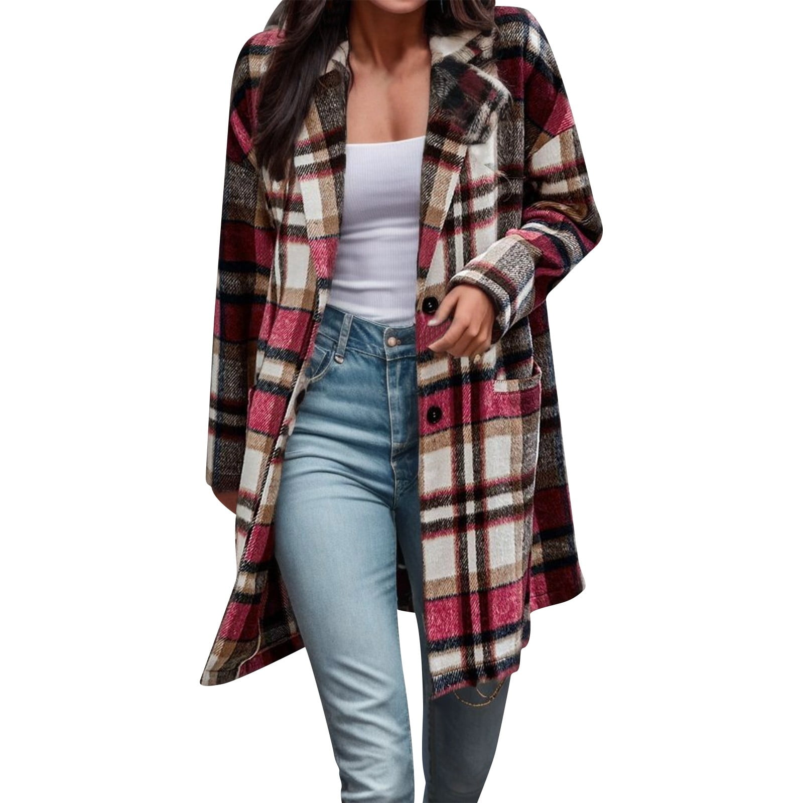 BOBOGOJP Women's 2024 Plaid Shacket Jacket Casual Button Wool Blend ...