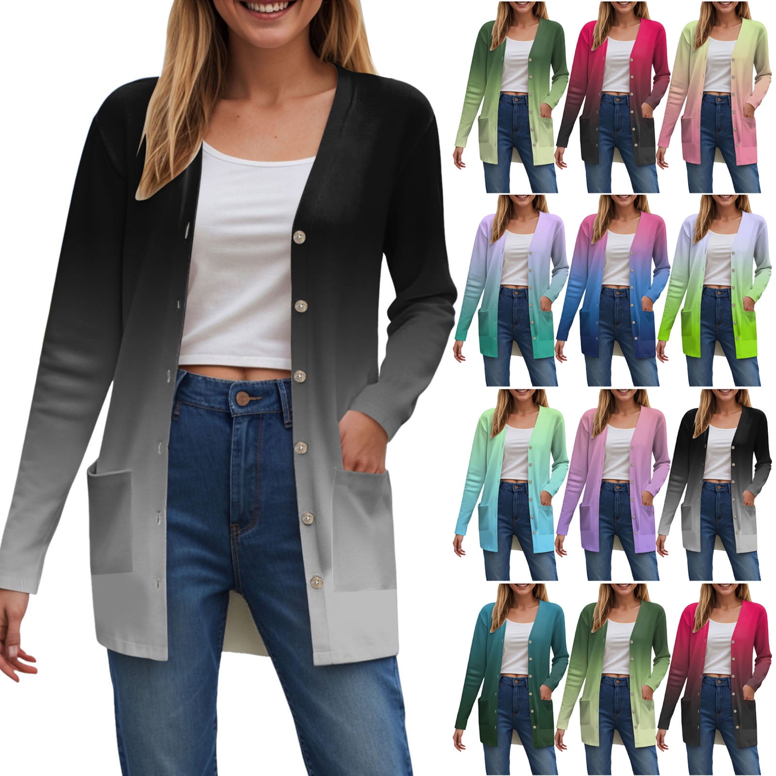 BOBOGOJP Womens Lightweight Cardigan Long Sleeve Gradient 0pen Front ...