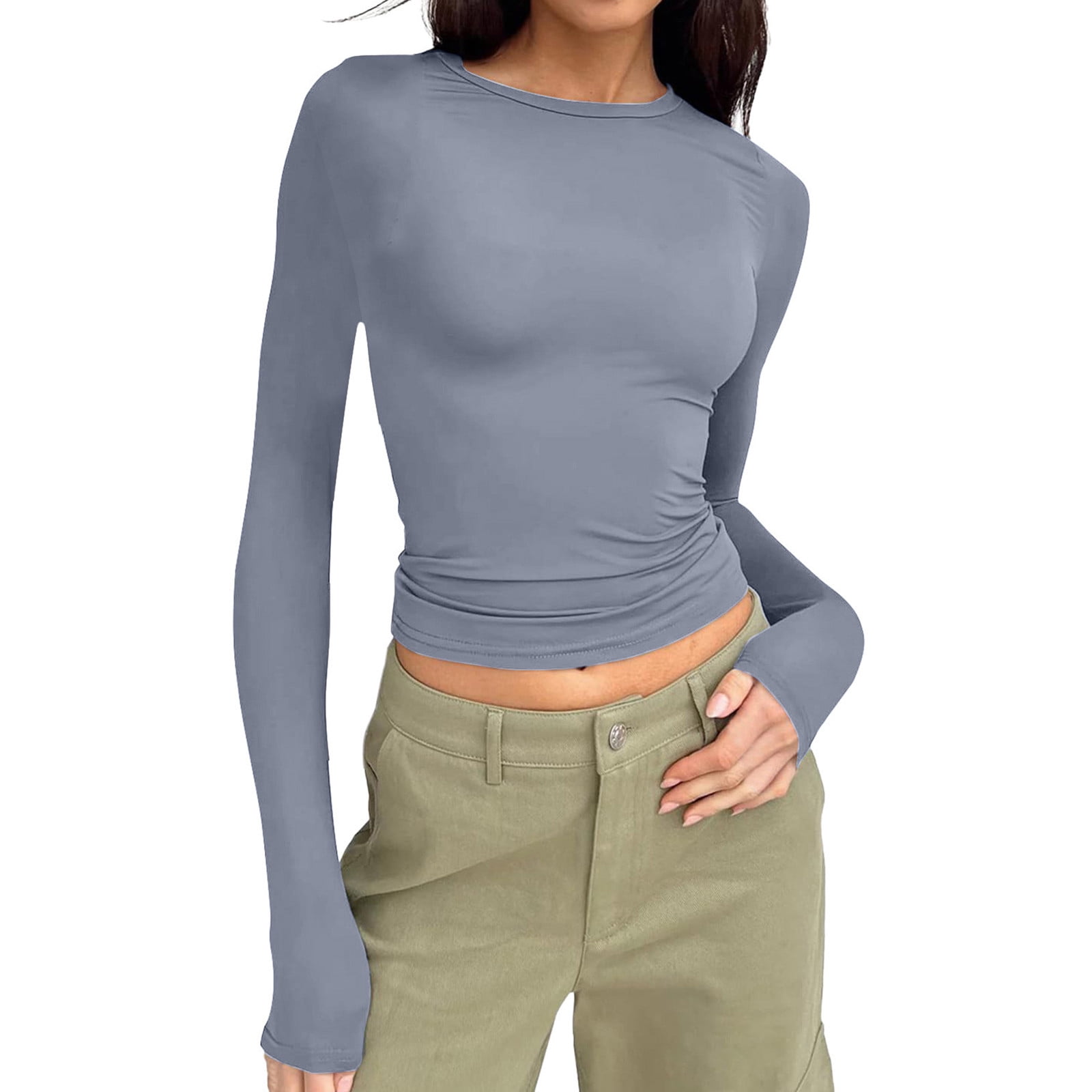 BOBOGOJP Womens Long Sleeve Shirts Basic Spring Crop Tops Fall Fashion ...