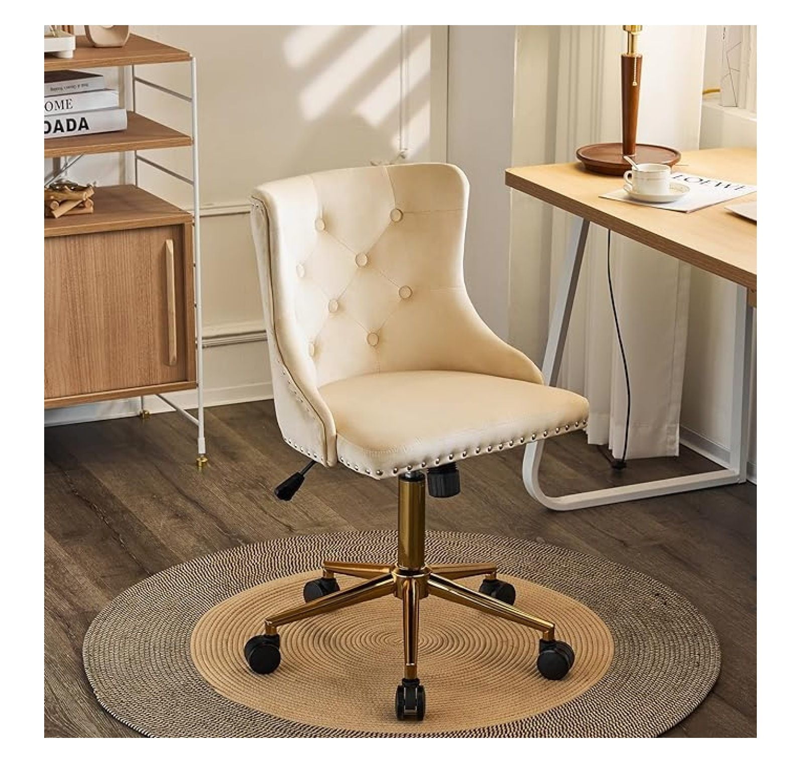 BOBOKY Beige Velvet Armless Home Office Desk Chair with Gold Base ...