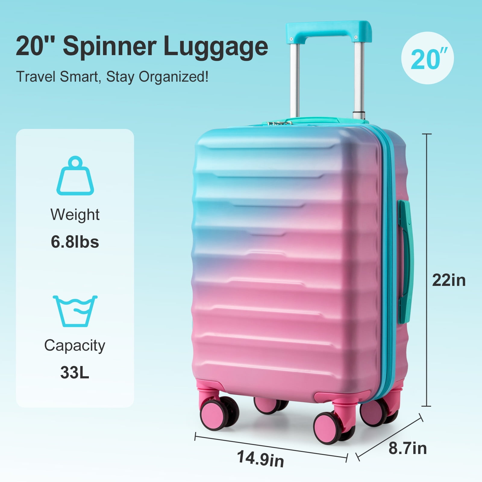 BOBOKY Gradient Pink Hardshell Expandable Luggage Suitcases with Built ...