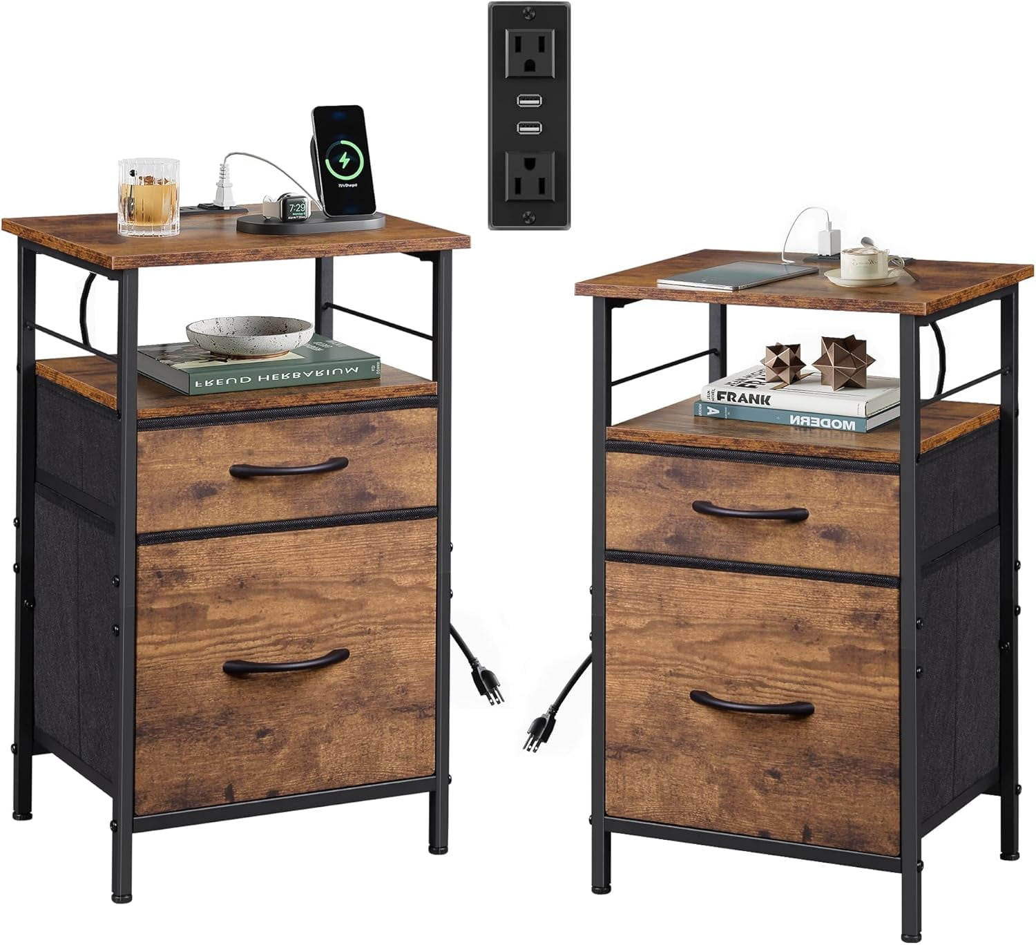 BOBOKY Night Stand, Nightstand with Charging Station, Bedside Tables ...