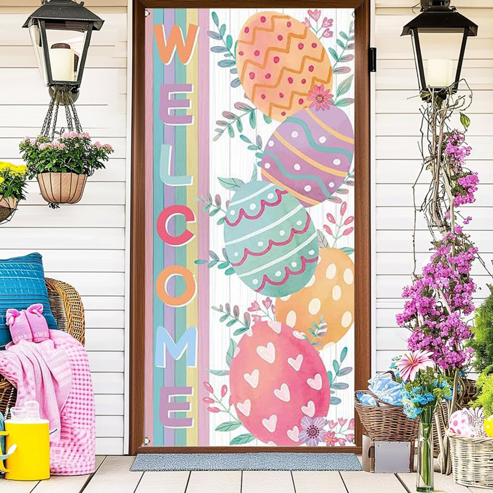 BOBOMOTI Easter Welcome Door Cover Easter Eggs Door Banner Spring ...
