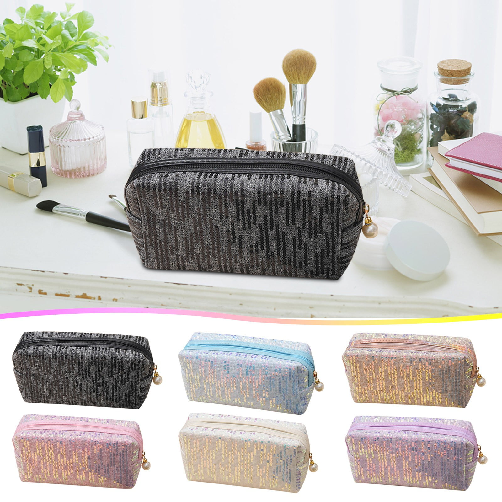 BOBOMOTI Travel Makeup Bag Large Capacity Glitter Sequin Cosmetic Bag ...
