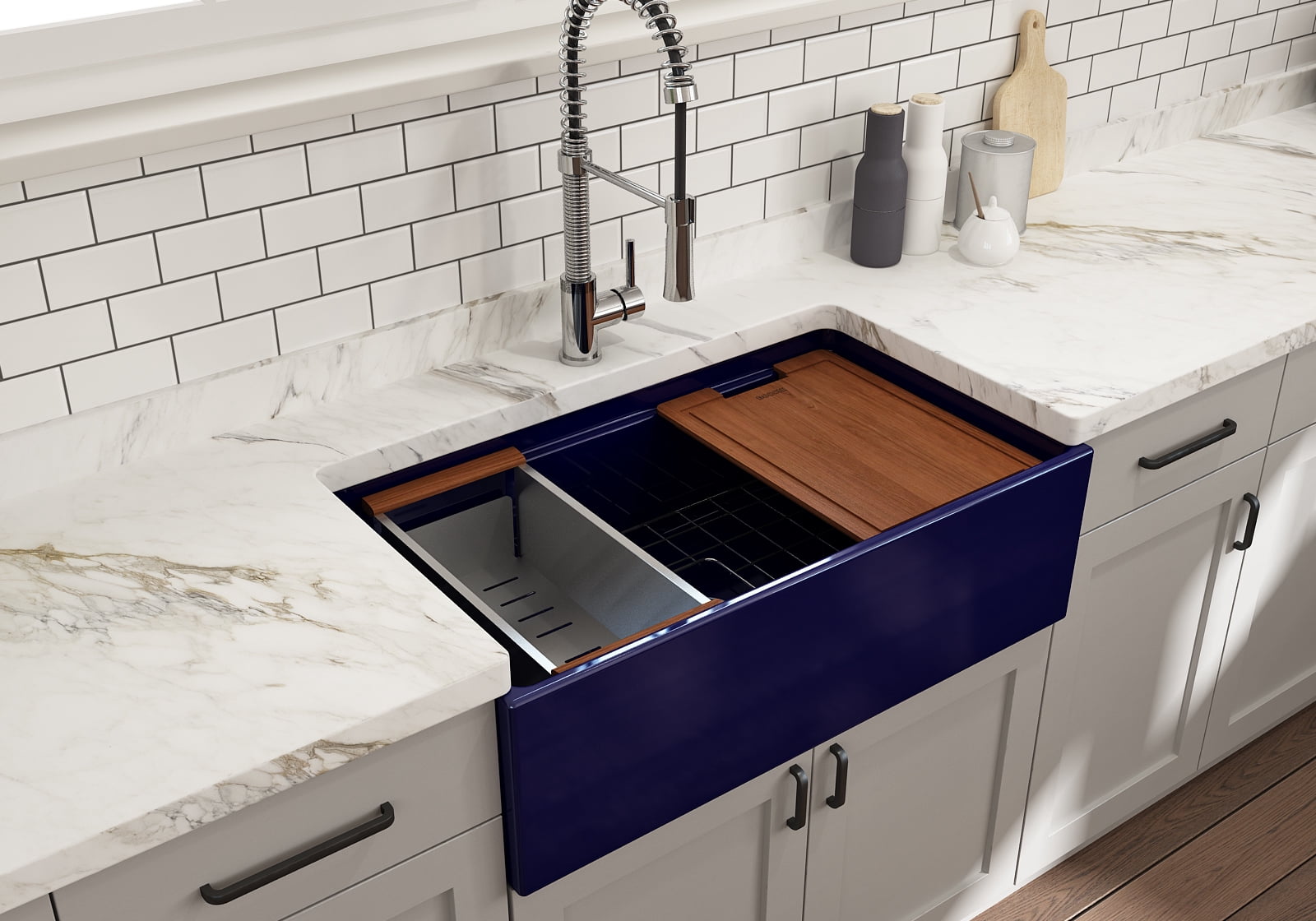 BOCCHI 1504-010-0120 Apron Step Rim Fireclay 33" Kitchen Sink Sapphire ...