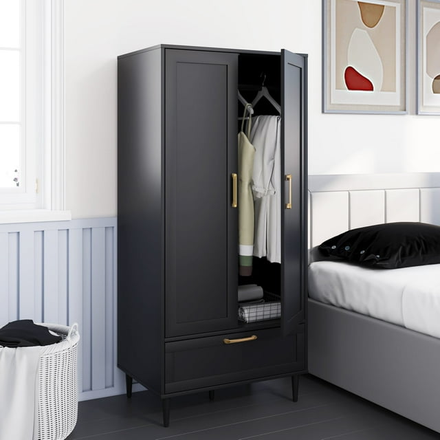 BOCVKENN Wardrobe Closet with 2 doors & Drawer, Armoires and Wardrobes with Shelves and Hanging ...