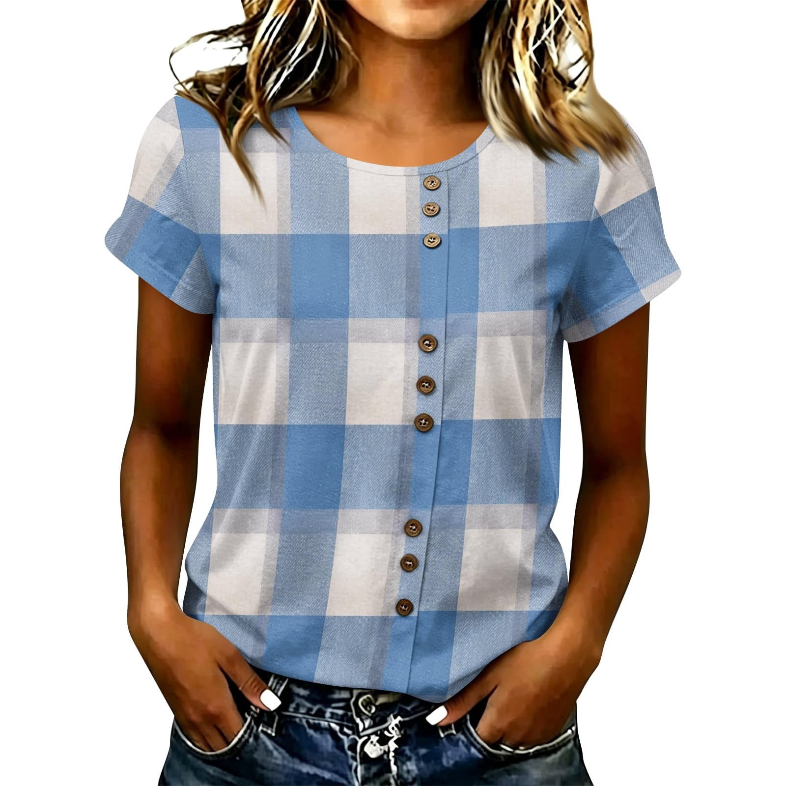 BODOAO Crew Neck Short Sleeve Tops for Women Loose Fit Summer Button ...