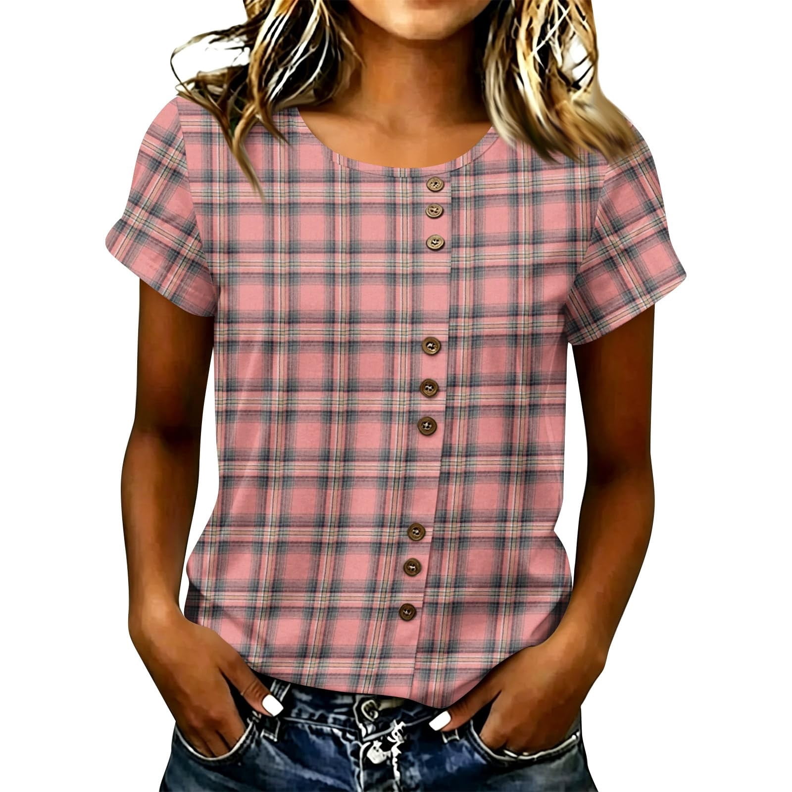 BODOAO Crew Neck Short Sleeve Tops for Women Loose Fit Summer Button ...