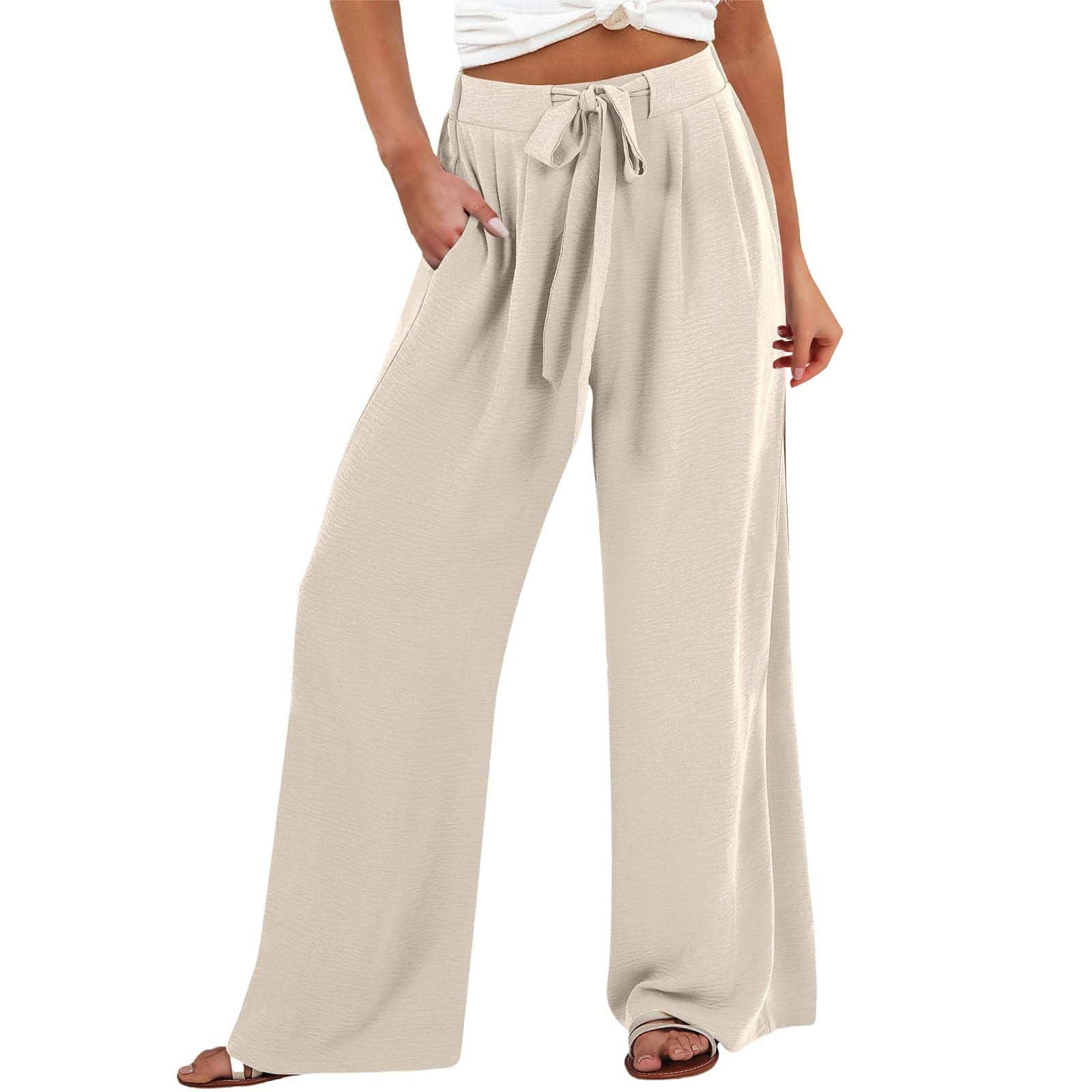 BODOAO Flowy Linen Pants Women Wide Leg Tie Knot Pants Loose Beach ...