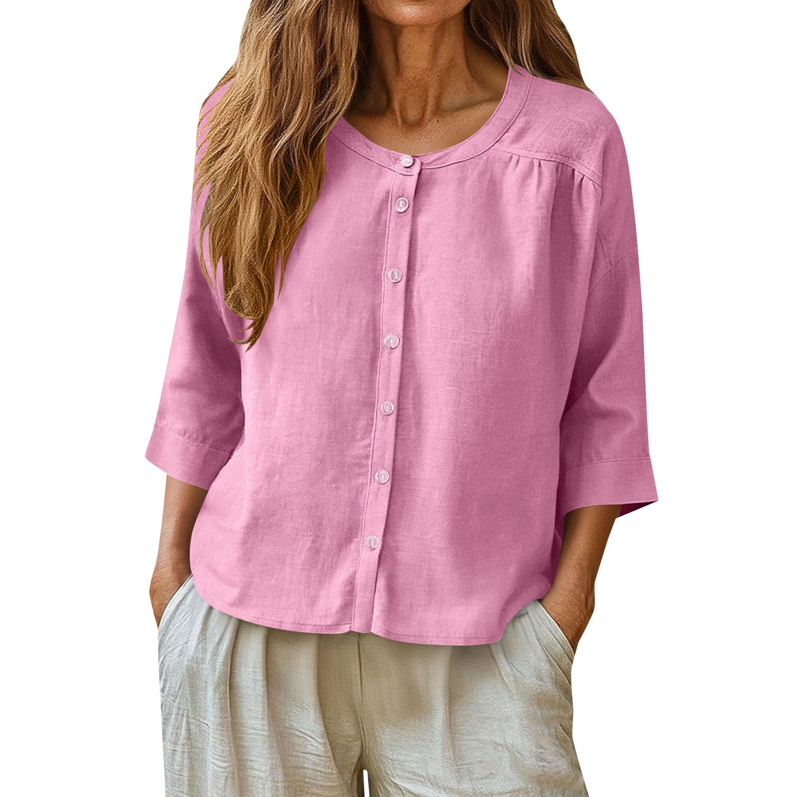 BODOAO Linen Topss for Women 3/4 Sleeve Soft Breathable Comfy Solid ...