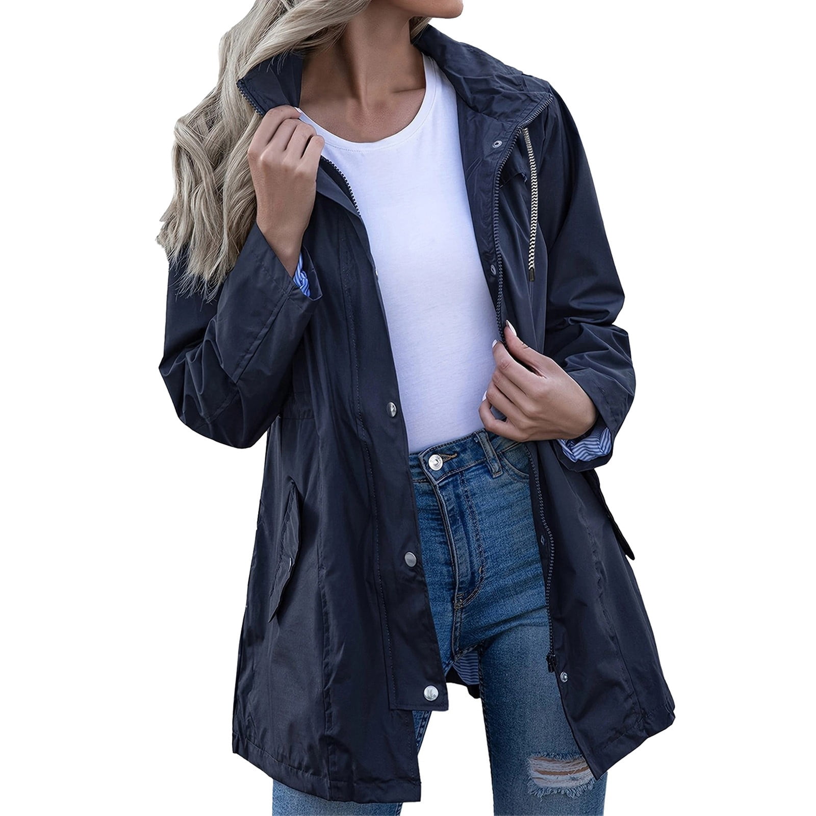 BODOAO Rain Jacket Women Striped Lined Hooded Lightweight Raincoat ...