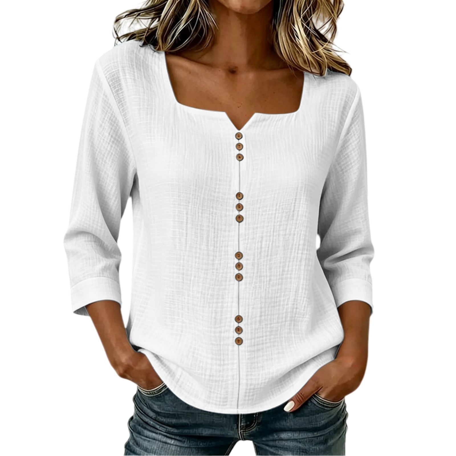 BODOAO Summer Linen Tops for Women Loose Short Sleeve Square Neck ...