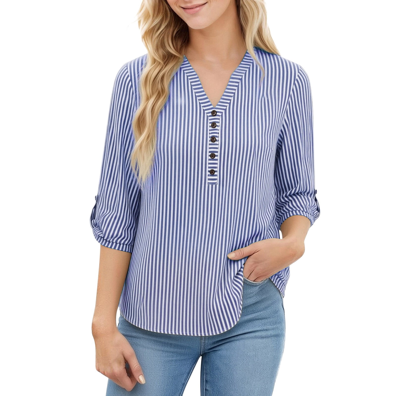 BODOAO Women 3/4 Length Sleeve Top V Neck Striped Shirts Summer Clothes ...