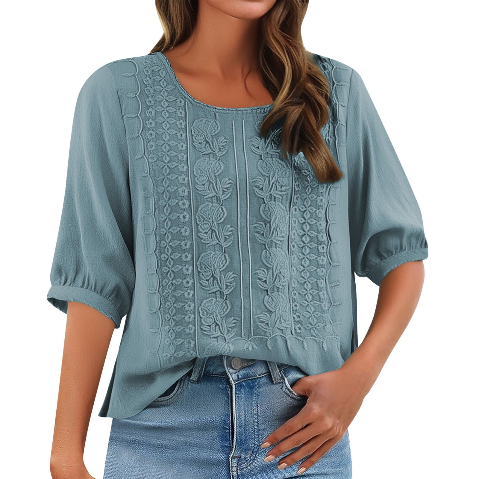 BODOAO Women Cotton Linen Embroidered Shirt Flowy Shirts Plus Size ...