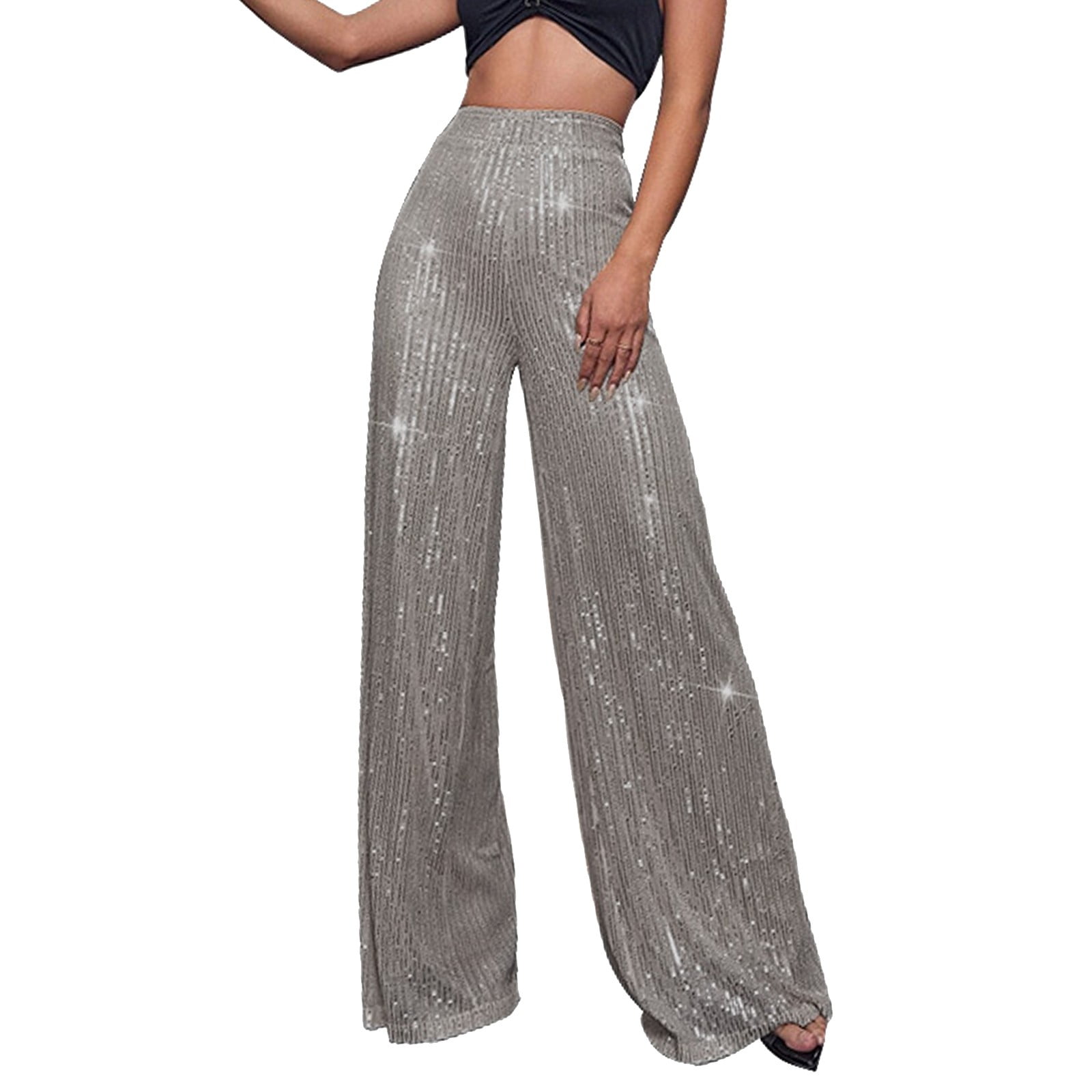 BODOAO Women Sequin Pants Sparkly Glitter High Waisted Wide Leg Flare ...