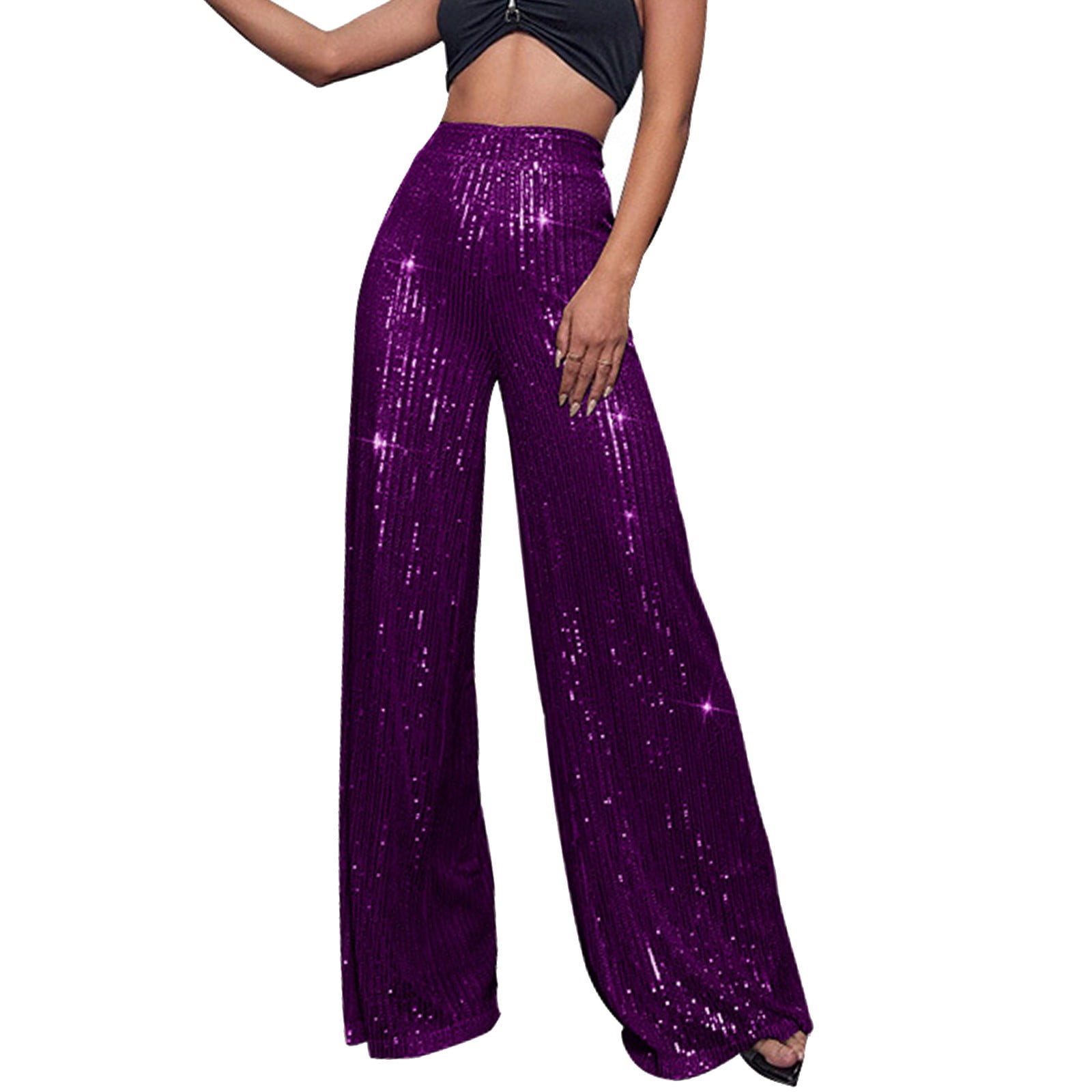 BODOAO Women Sequin Pants Sparkly Glitter High Waisted Wide Leg Flare ...