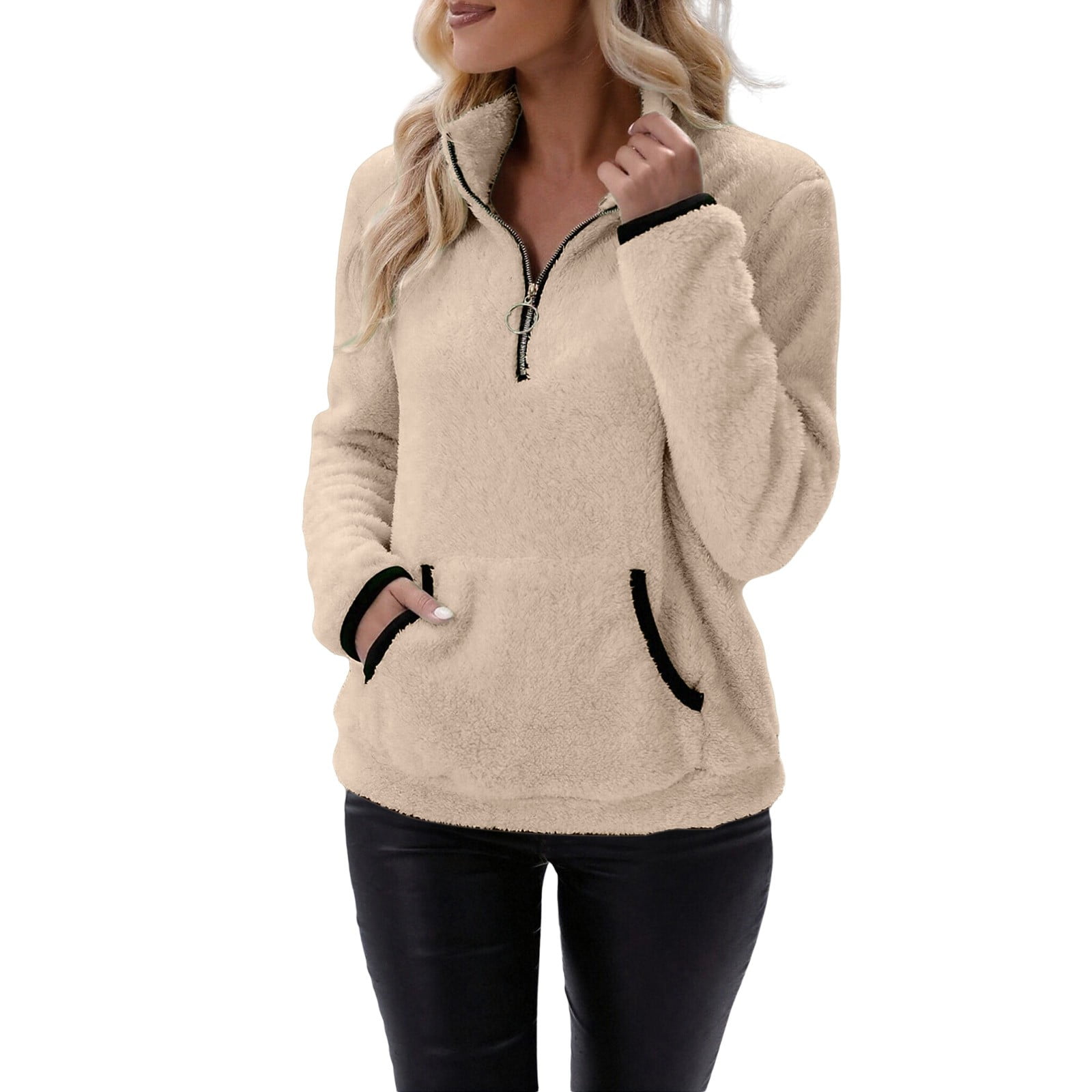 BODOAO Women Sherpa Fleece Pullover Quarter Zip Long Sleeve Fluffy Soft ...