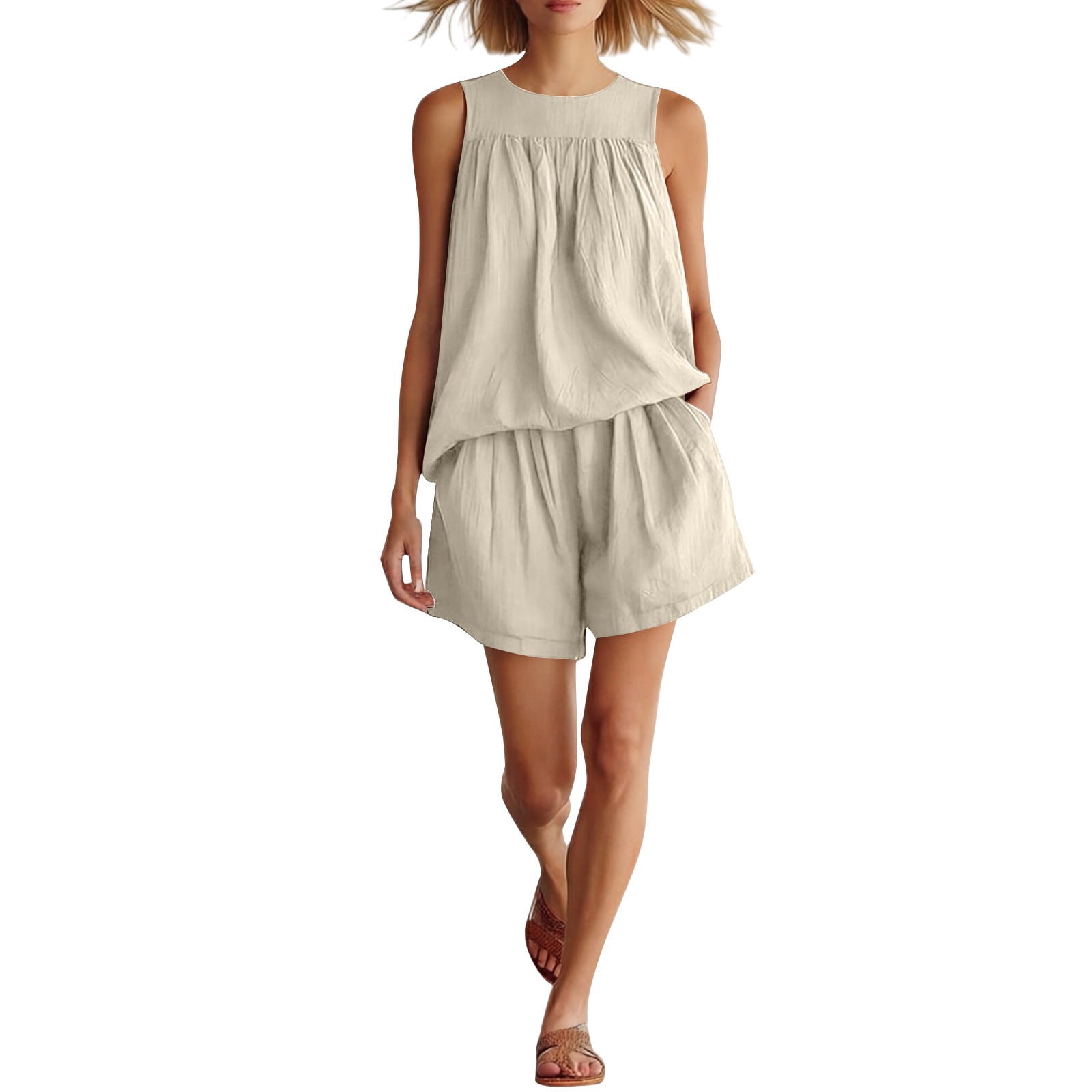 BODOAO Women's 2 Piece Short Sets Sleeveless Pleated Loose Tops Wide ...