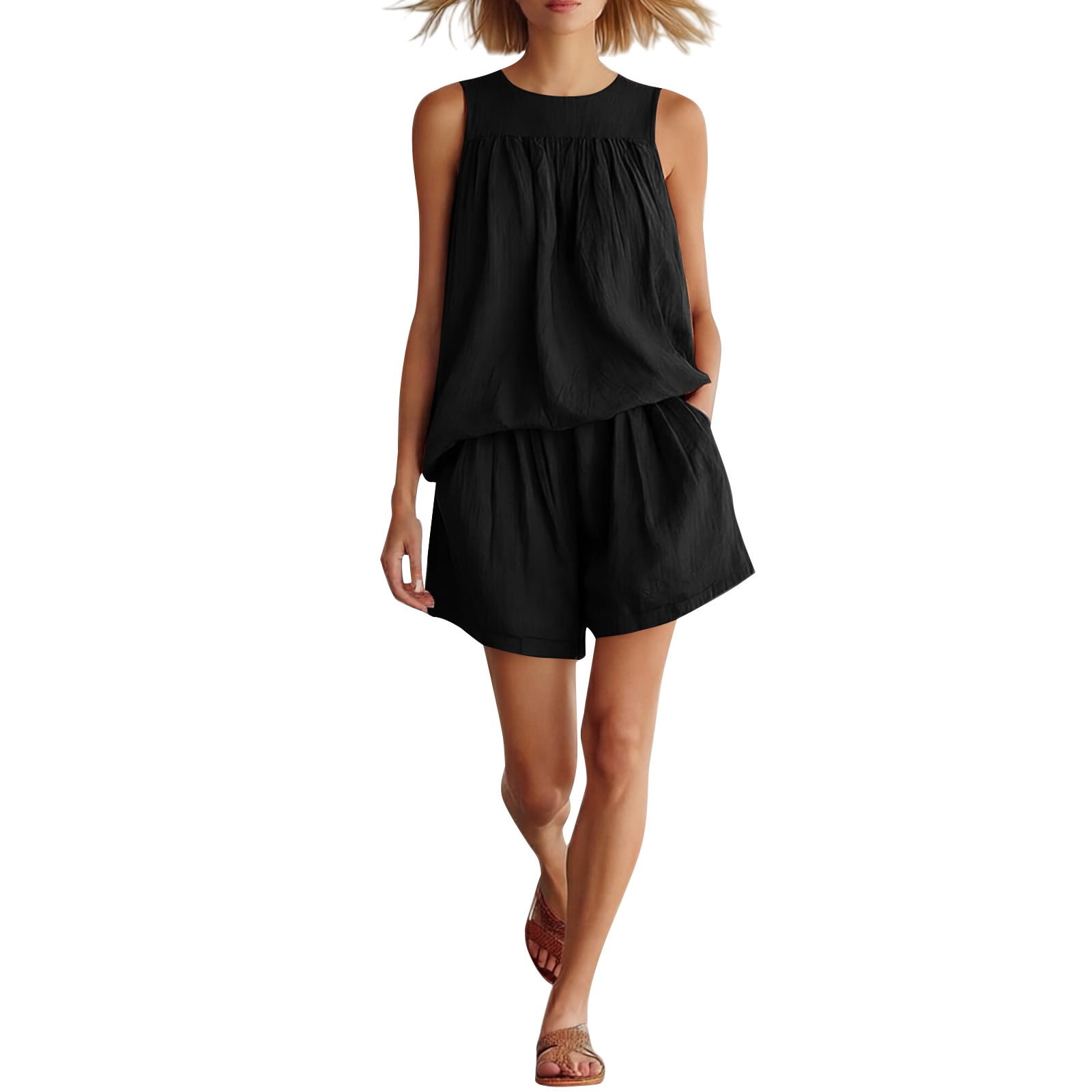 BODOAO Women's 2 Piece Short Sets Sleeveless Pleated Loose Tops Wide ...