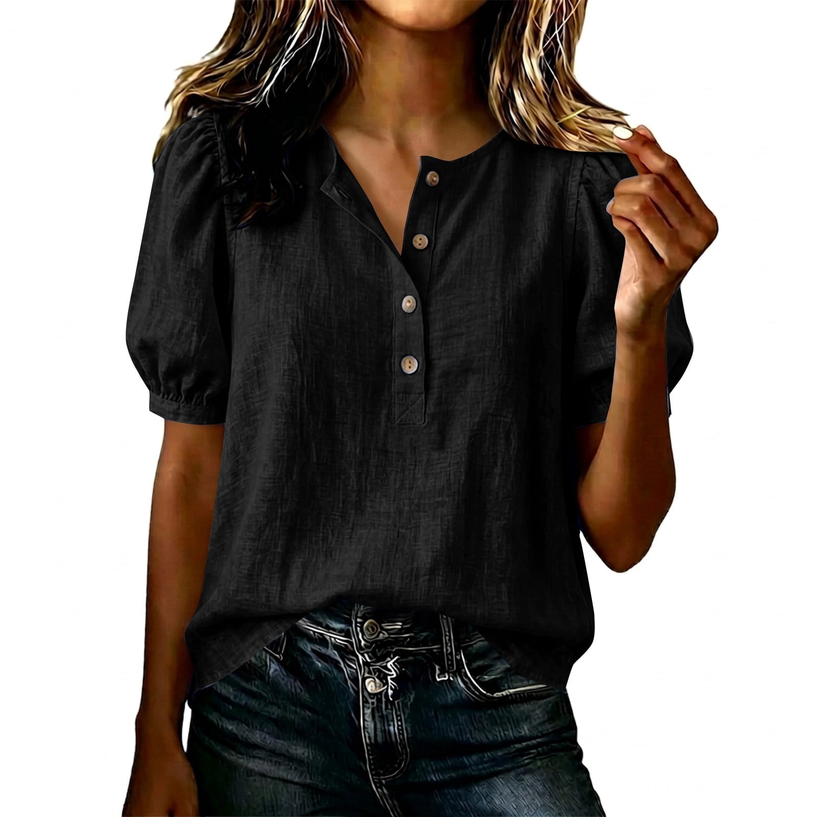 BODOAO Women's Blouse Summer Casual V-Neck Puff Sleeve Top with Eyelet ...