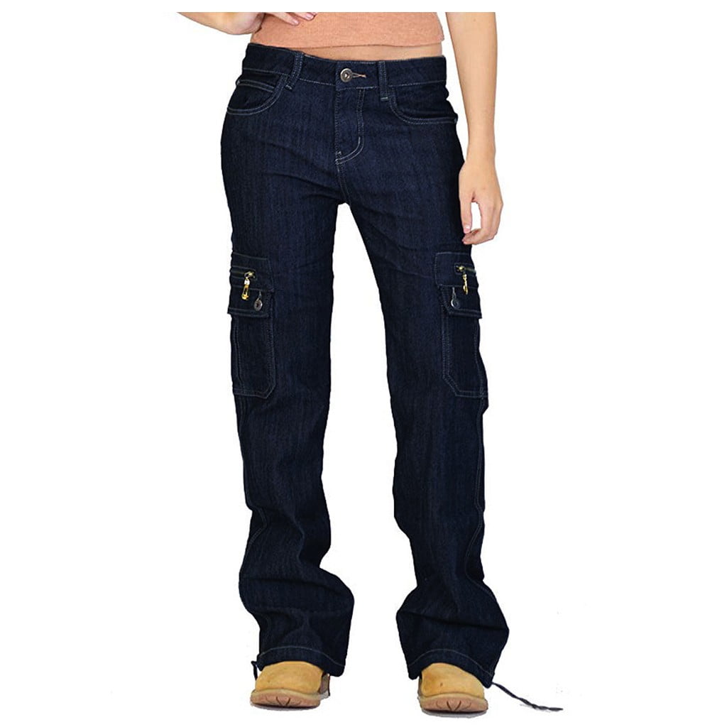 BODOAO Women's Cargo Jeans Mid Rise Bootcut Denim Pants Slim Fit Wide ...