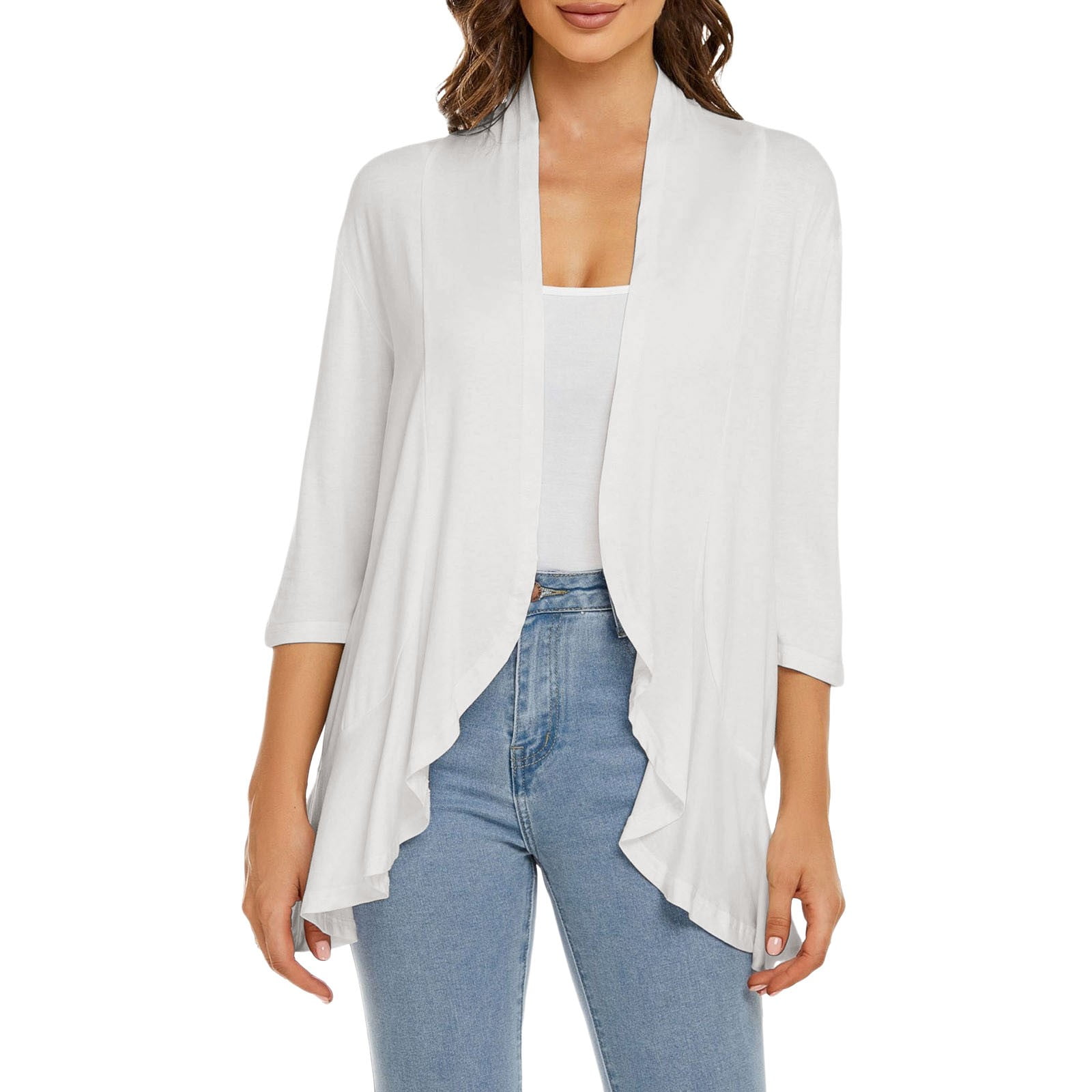 BODOAO Women's Casual Lightweight Open Front Cardigans Soft Draped Ruffles 3/4 Sleeve Cardigan ...