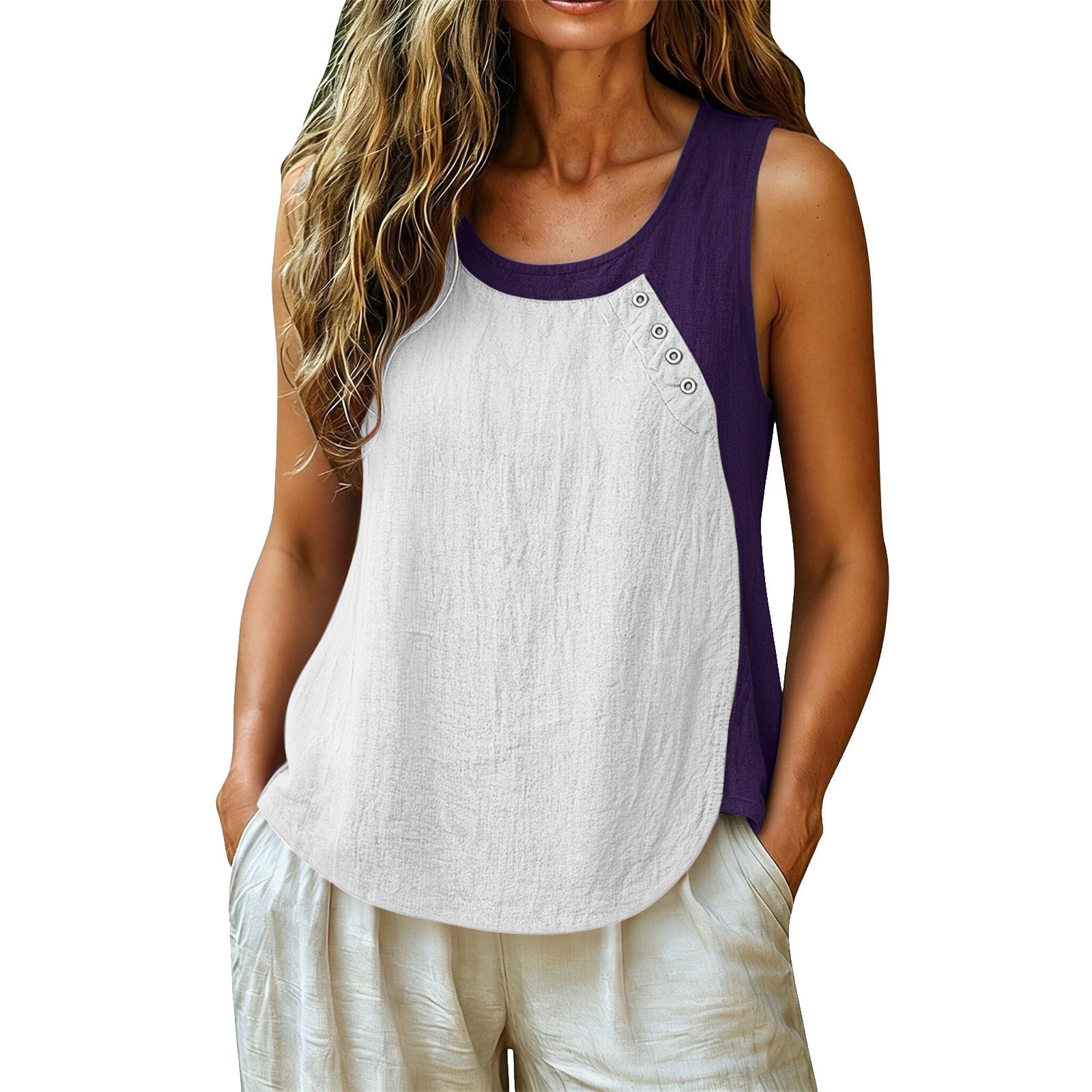 BODOAO Women's Color Block Button Sleeveless Tank Tops Casual Summer ...