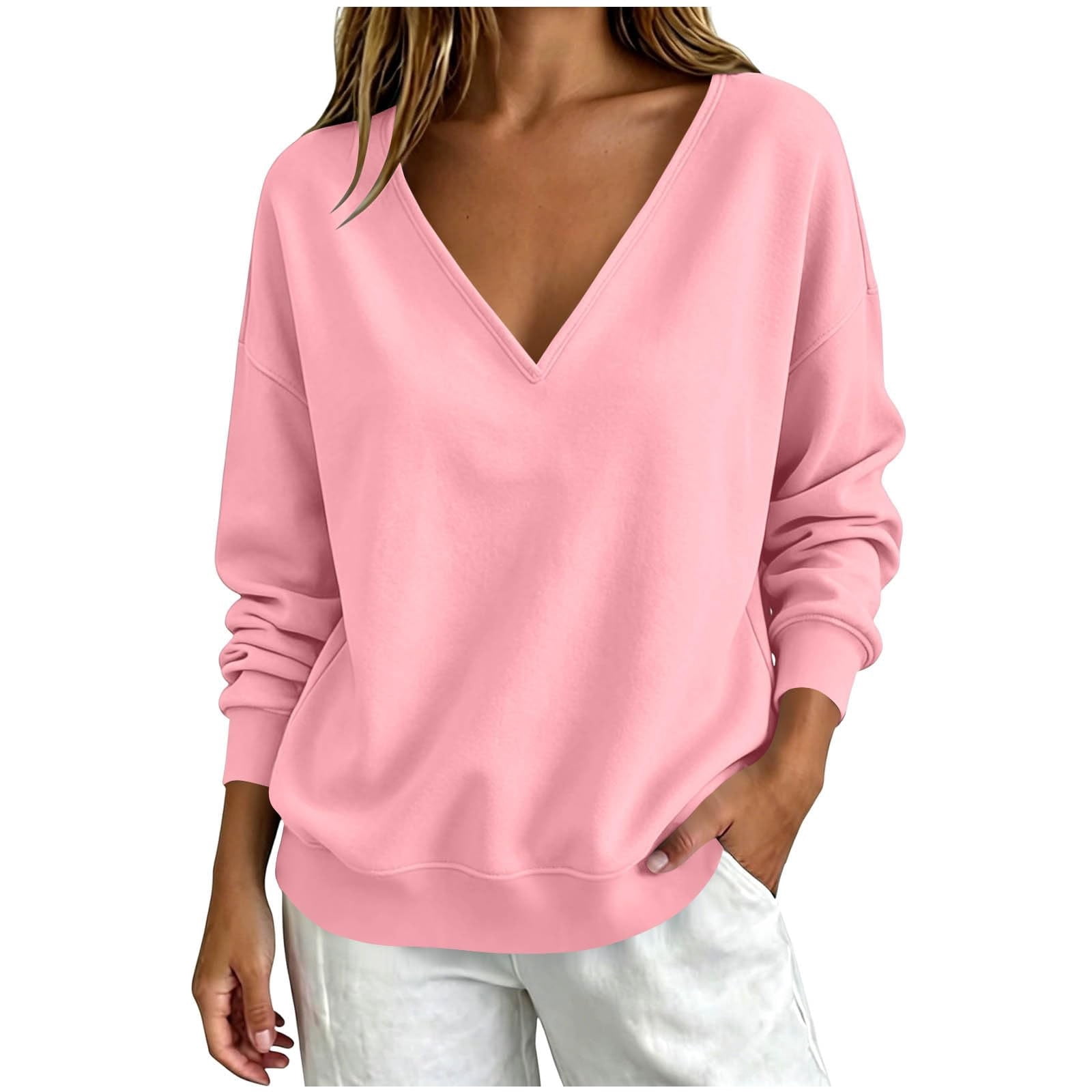 BODOAO Women's Deep V Neck Long Sleeve Tops, Casual Oversized Pullover ...